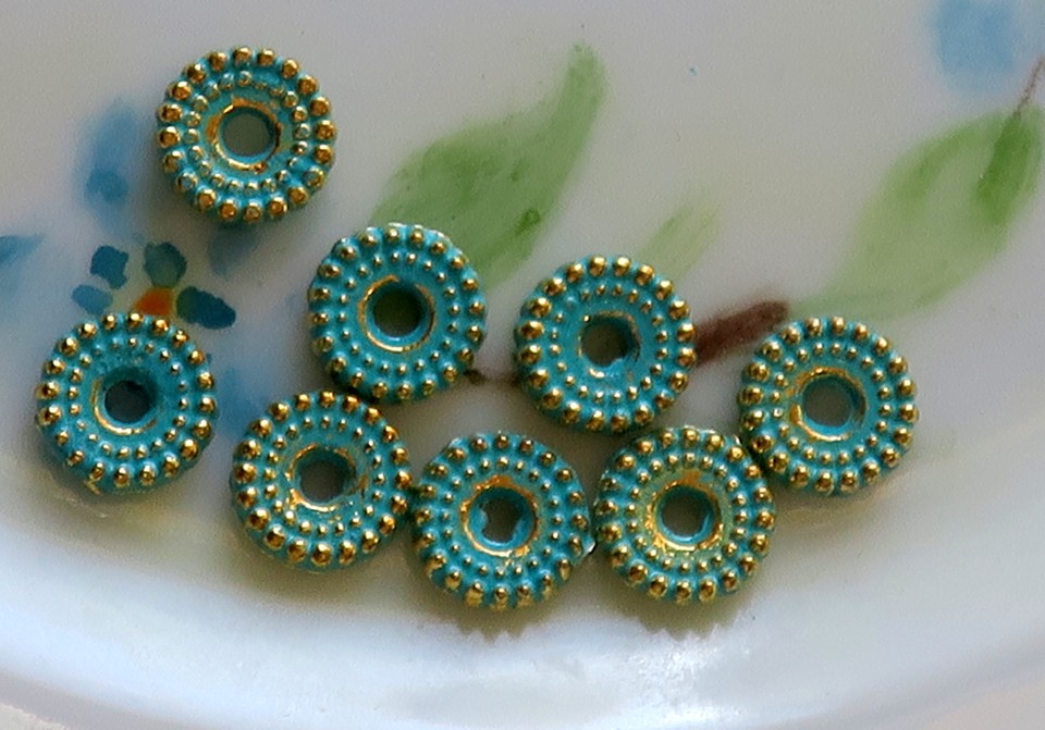 Spacer Beads, Brass Patina Wheel Medallion Disc Circle Spacers Blue 6mm ...