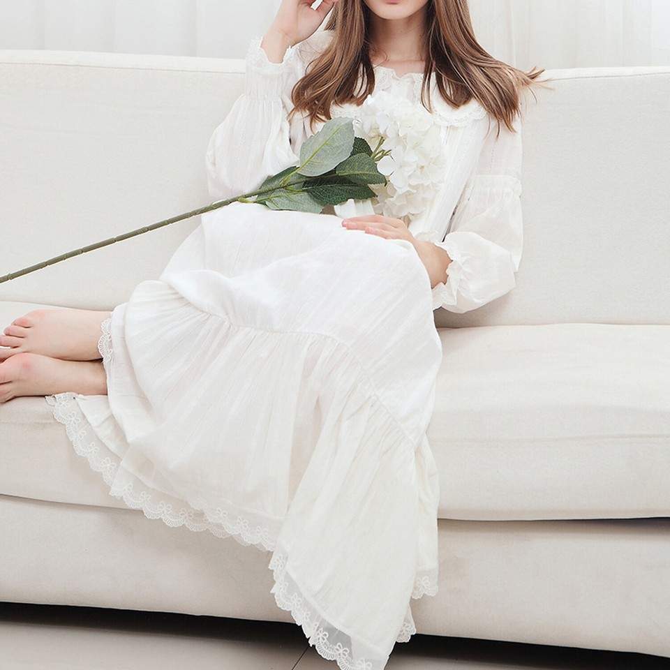 Women's Cotton Victorian Nightgown Long Sleeve Vintage Soft Ruffle ...