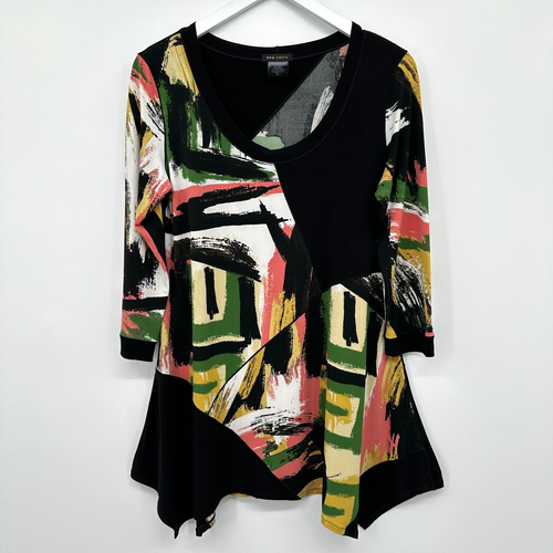 Eva Varro Tunic Top Shirt Large Stretch Knit Abstract Artsy 3/4 Sleeve ...