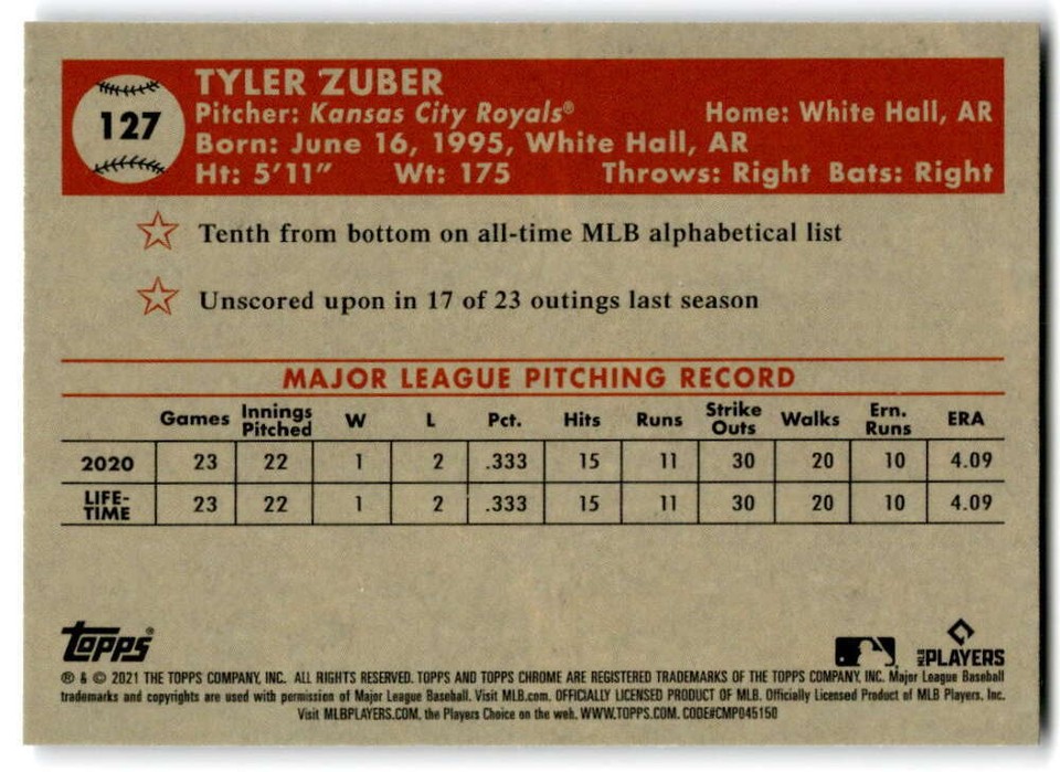 2021 Topps Chrome Platinum Anniversary #127 Tyler Zuber RC Kansas City ...