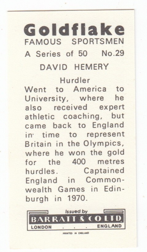 Vintage 1971 Sports Card DAVID HEMERY Olympic Gold Medal 1968 400m ...