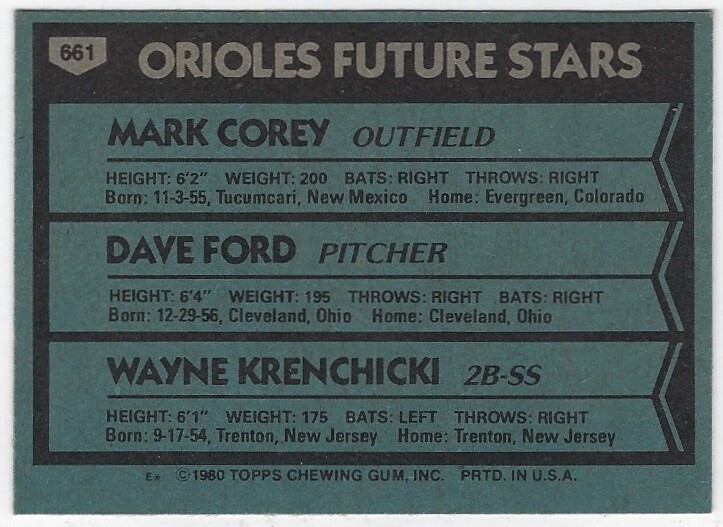 1980 TOPPS ORIOLES FUTURE STARS RC #661 MARK COREY DAVE FORD WAYNE ...