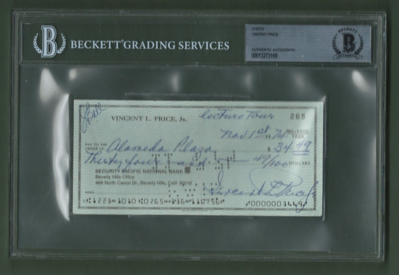 Vincent Price Autographed Signed Legendary Actor Check Beckett BAS ...