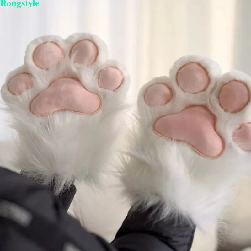 Plush Furry Cat Claw Gloves Faux Fur Fox Paws for Lolita Animal Cosplay ...