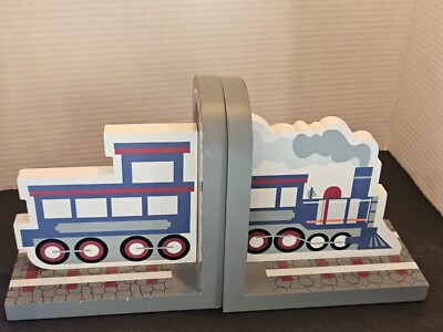 Vintage Train Bookends Wood Cartoon Engine & Train Car Blue, Red & Gray ...