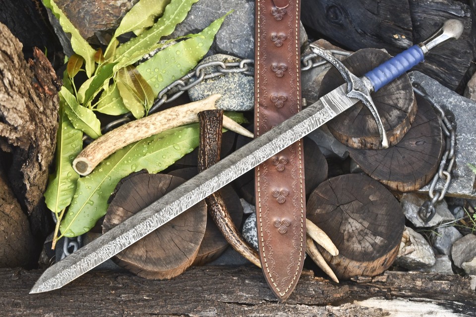 Ashen Edge Custom Twist ATS-34 Steel Sword Leather Wrapped Damascus ...