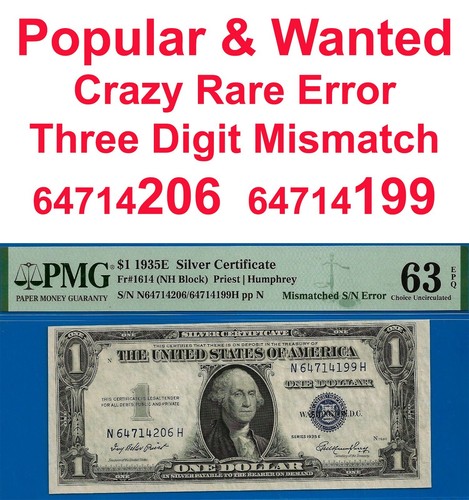 1935E $1 Silver Certificate PMG 63EPQ three digit mismatch serial ...