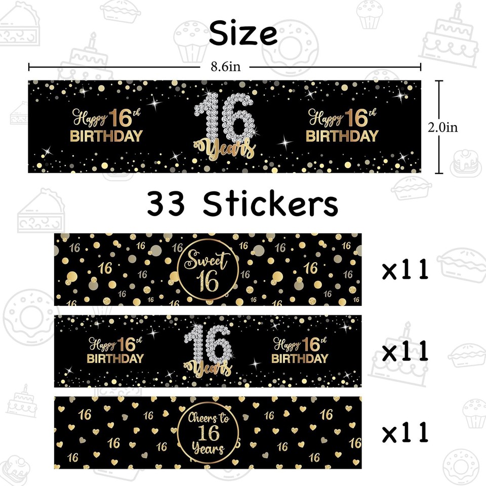33Pcs Happy 16th Birthday Water Bottle Labels, Sweet 16 Labels Stickers ...