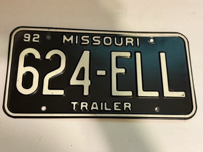 Vtg 1992 Missouri Trailer License Plate 624-ELL White on Black Man Cave ...