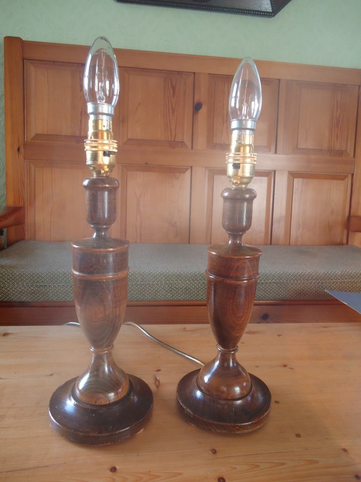 Pair of Vintage Antique Solid Oak Table Lamps Full Rewire with New ...
