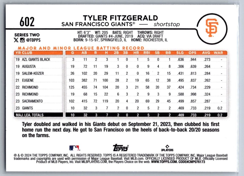 2024 Topps Series 2 - #602 Tyler Fitzgerald (RC) San Francisco Giants ...