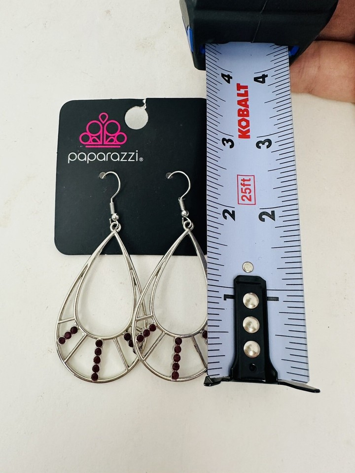 Paparazzi - Line Crossing Sparkle - Silver / Red Stones- Earrings ...