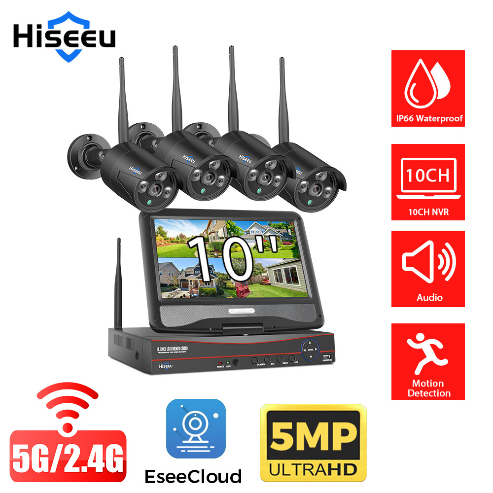 Hiseeu 10ch NVR with Monitor 5MP Outdoor Wifi CCTV Home Security Camera ...