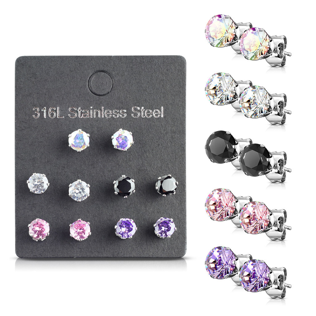 5 PAIRS CZ Gem Stud Earrings 316L Stainless Steel retail / display ...