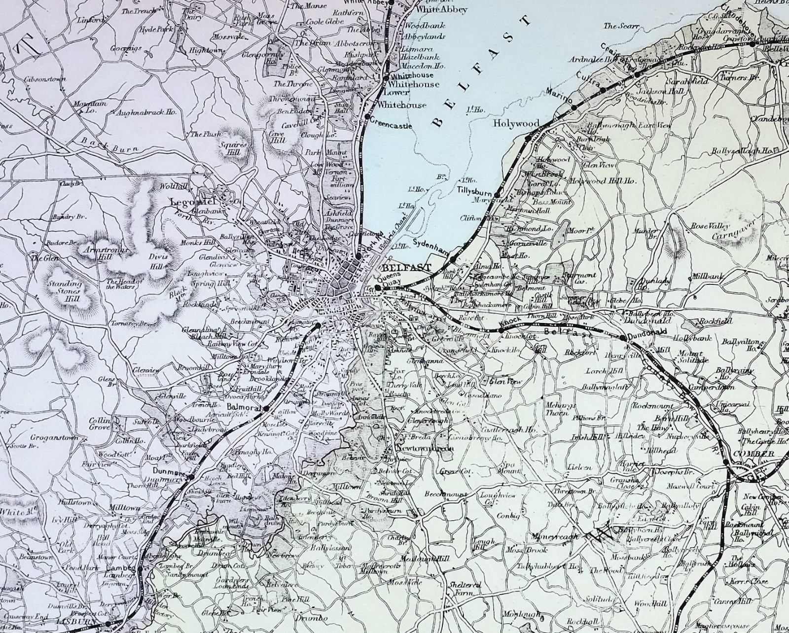 1883 MAP ENVIRONS OF BELFAST WHITE ABBEY TEMPLEPATRICK BALMORAL COMBER ...