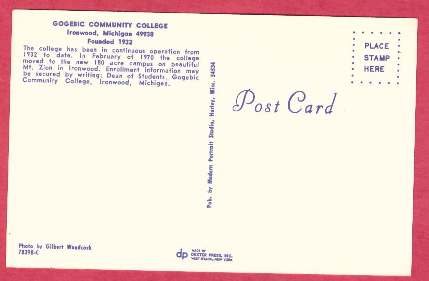 Ironwood Michigan Gogebic County Community College Sign PC GCC ~1971-74 ...