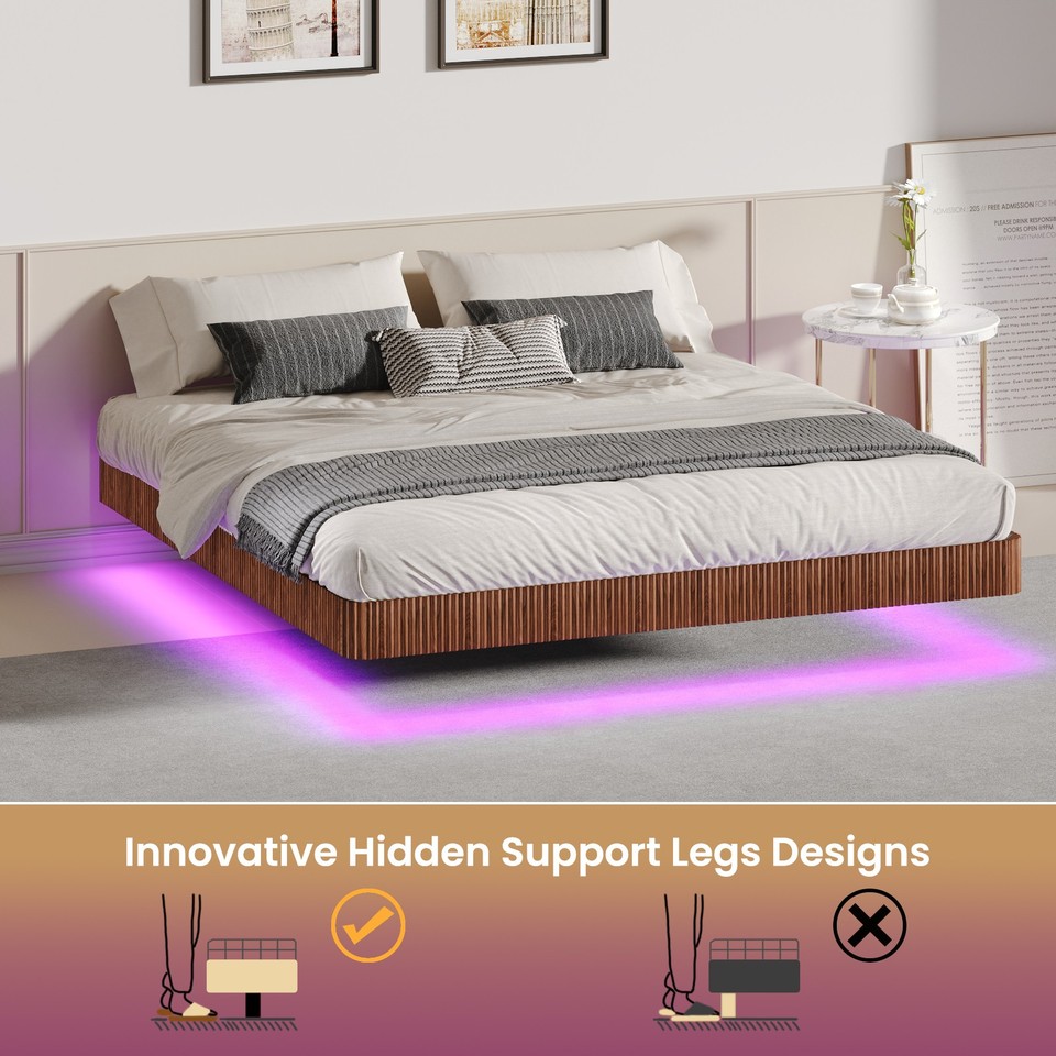 Queen/King Size Fluted Floating Bed Frame LED Light Platform Bed w ...
