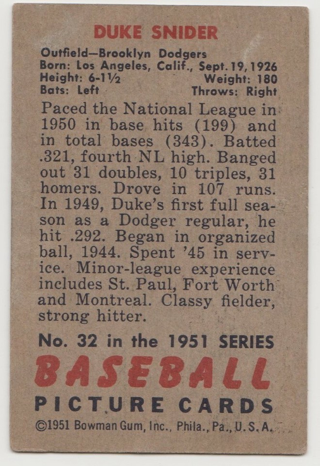 1951 BOWMAN DUKE SNIDER BASEBALL CARD (VINTAGE ORIGINAL)-SEE CONDITION ...