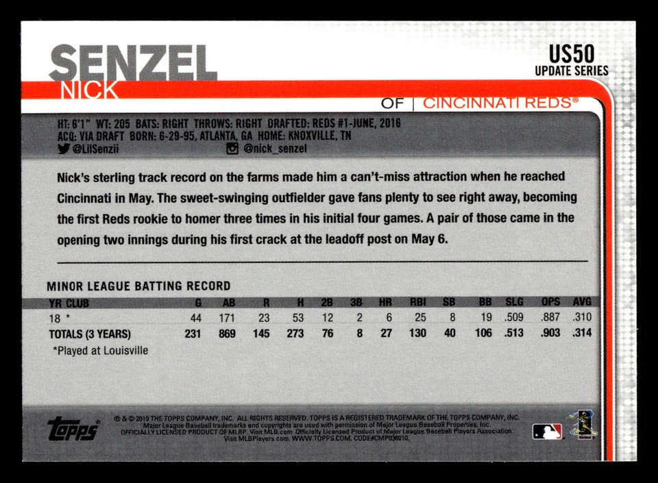 2019 Topps Update Nick Senzel RC Rookie #US50 | eBay