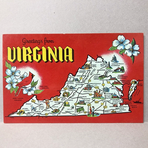 Postcard Greetings From Virginia State Map Tourist Locations | eBay
