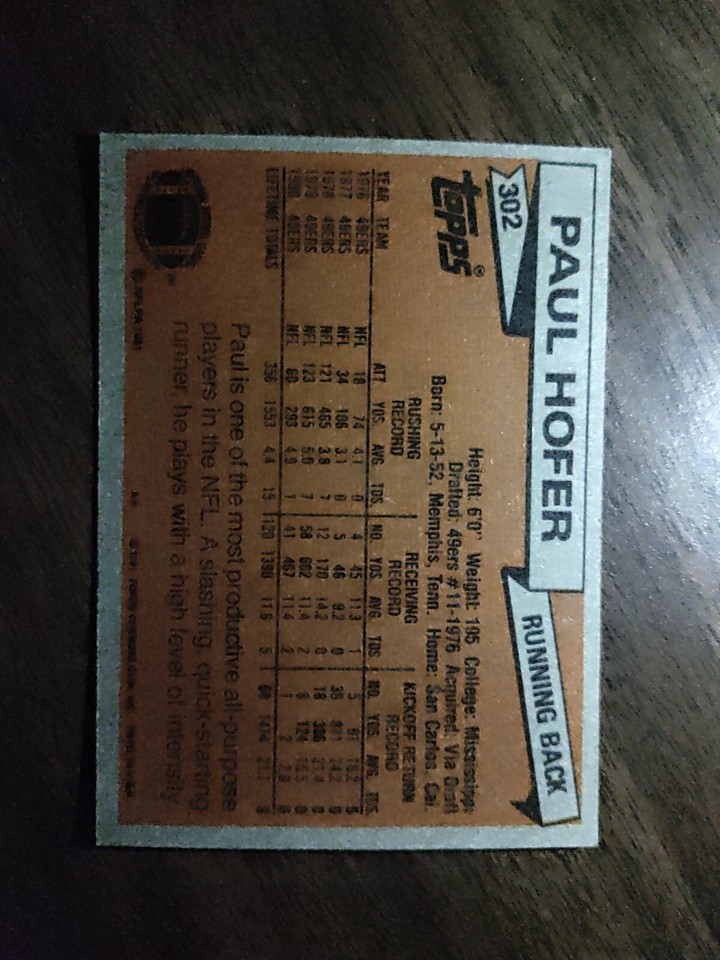 1981 Topps 302 Paul Hofer San Francisco 49ers Football Card NM free ...