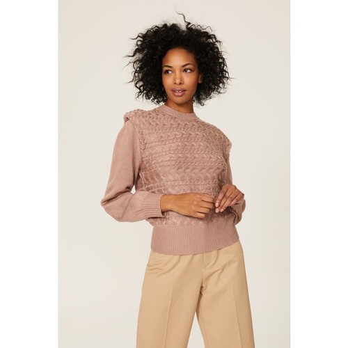525 America Sz S small Tan Cable Knit Shoulder Pad Crewneck Pullover ...