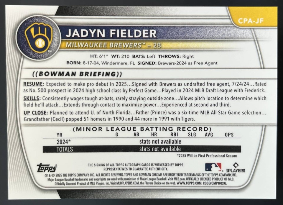 2025 Bowman Jadyn Fielder 1st Chrome Prospect Auto Purple Refractor ...