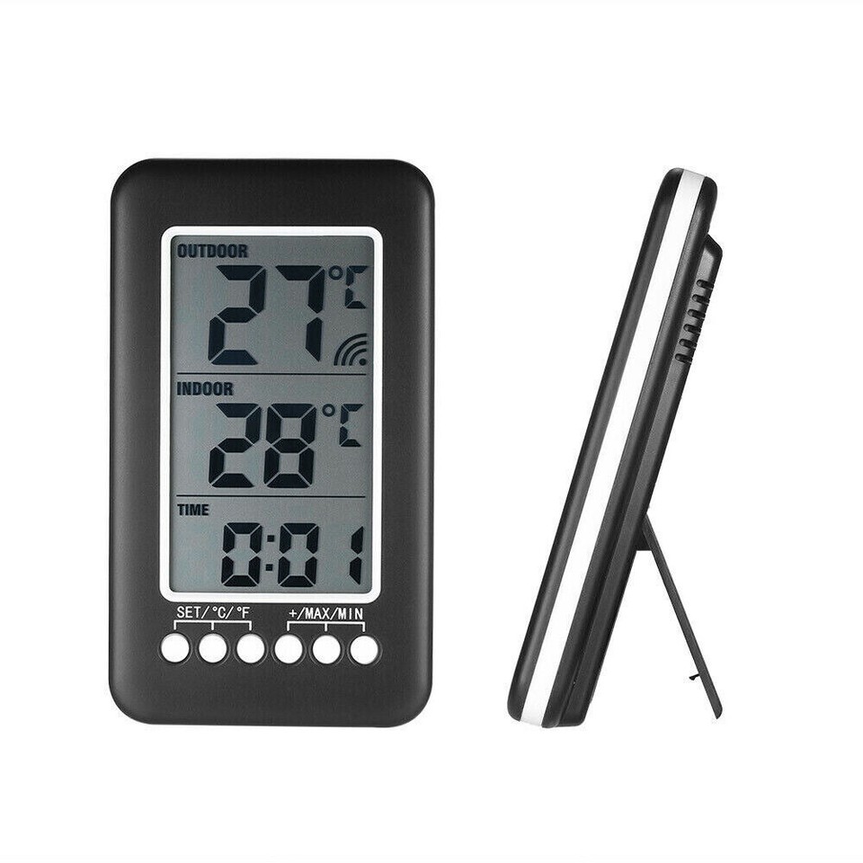 LCD Digital Thermometer Clock Indoor/Outdoor ℃/℉ Wireless Temperature ...