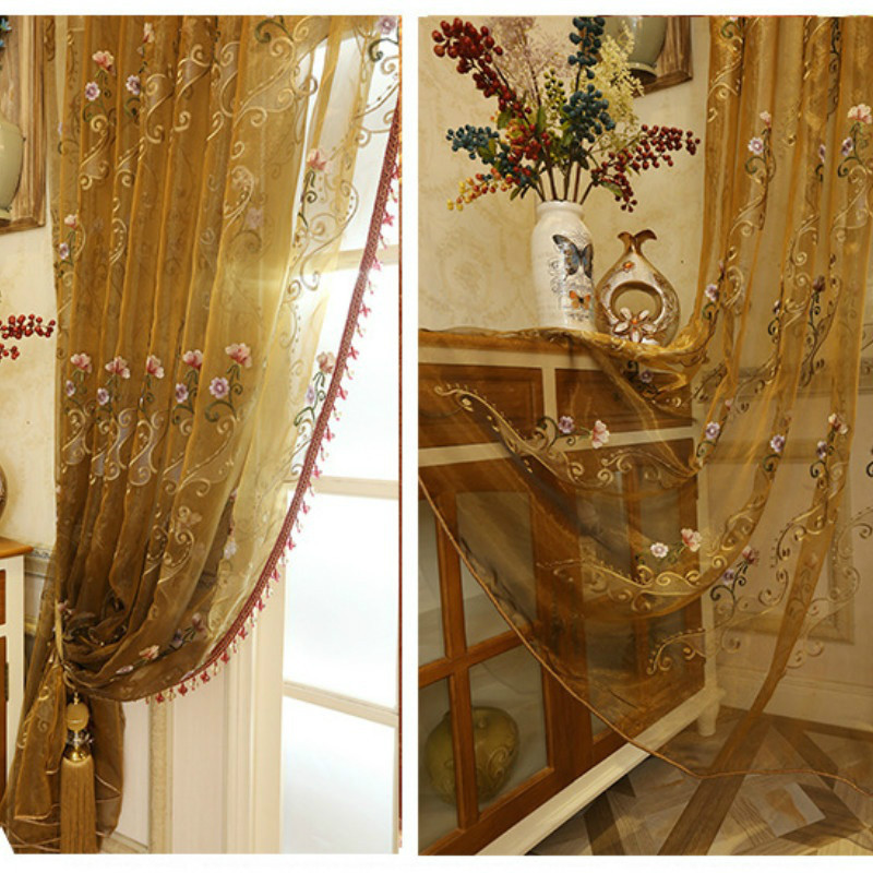 Modern Floral Embroidery Net Curtains Fabric Lace Tulle Sheer Panel ...