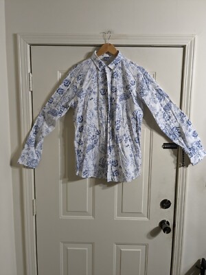 Verdo Men's White with Blue Floral Club Style Button Front Shirt Size ...