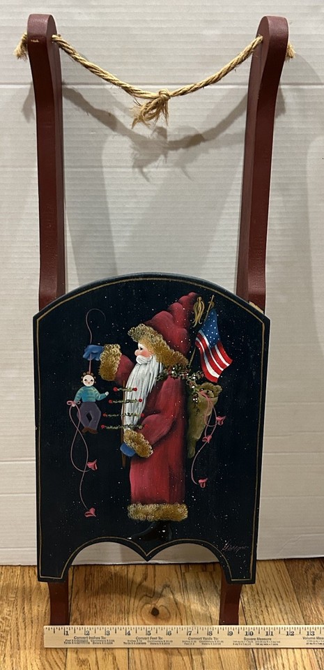 Wood Hand Painted Decorative Sled Old Time Santa Blue Christmas Decor ...