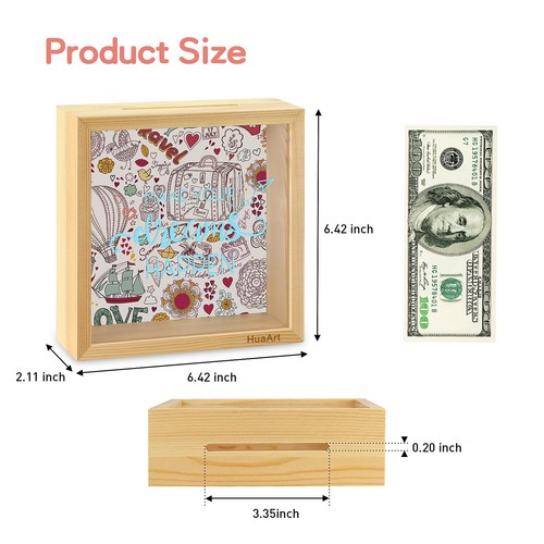 Decorative Wooden Coin Bank Shadow Box with Plexiglass Front, 6.5x6.5x2 ...