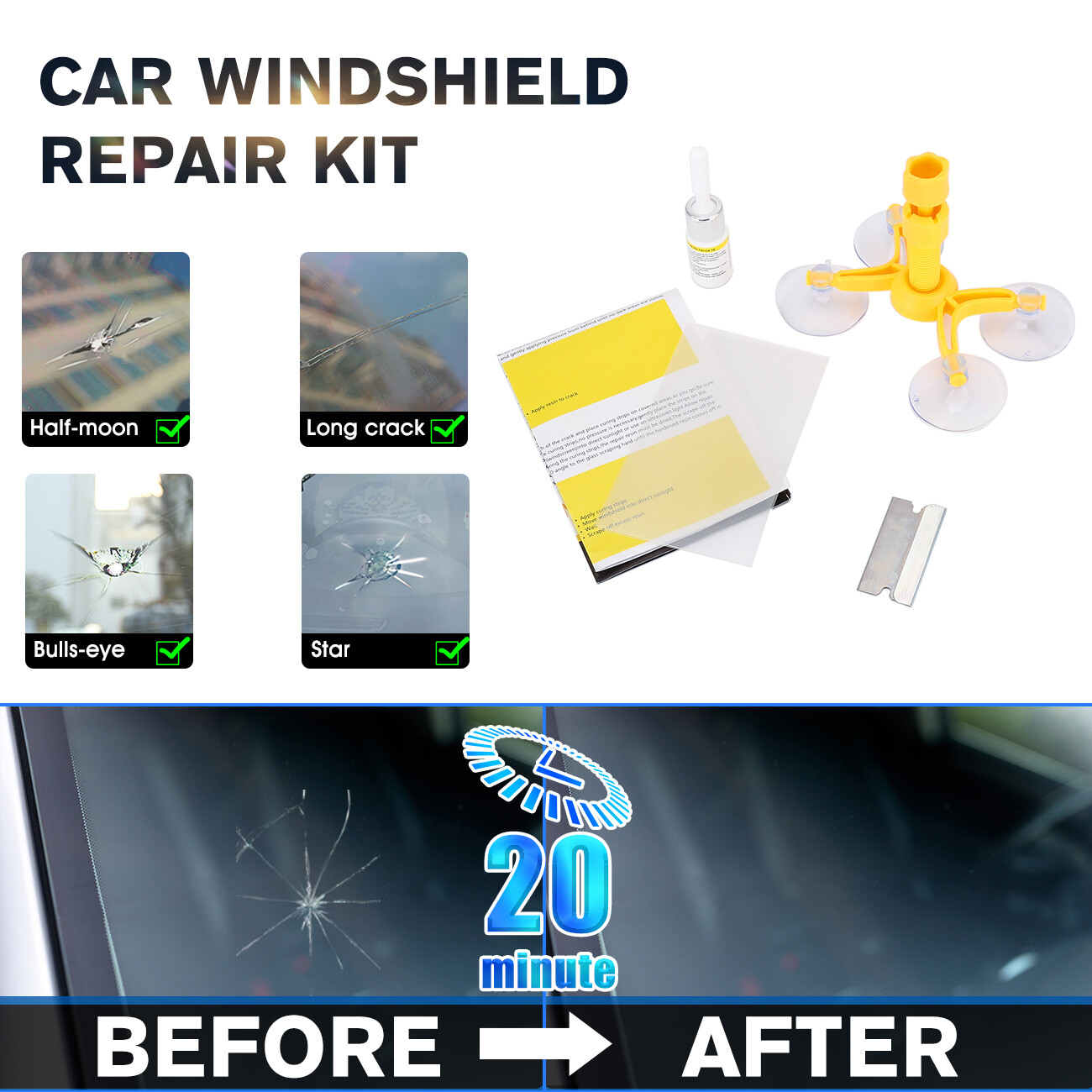 Windshield Repair Kit Quick Fix Car Wind Glass Bullseye Rock Chip Crack ...