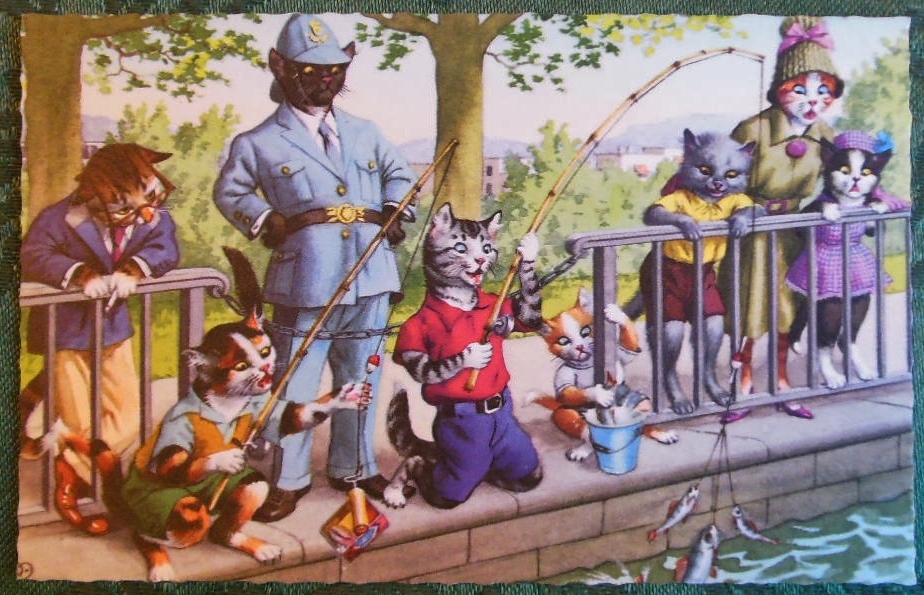 Anthropomorphic Cats Dressed Humanized Postcard-Hartung-FISHING ...