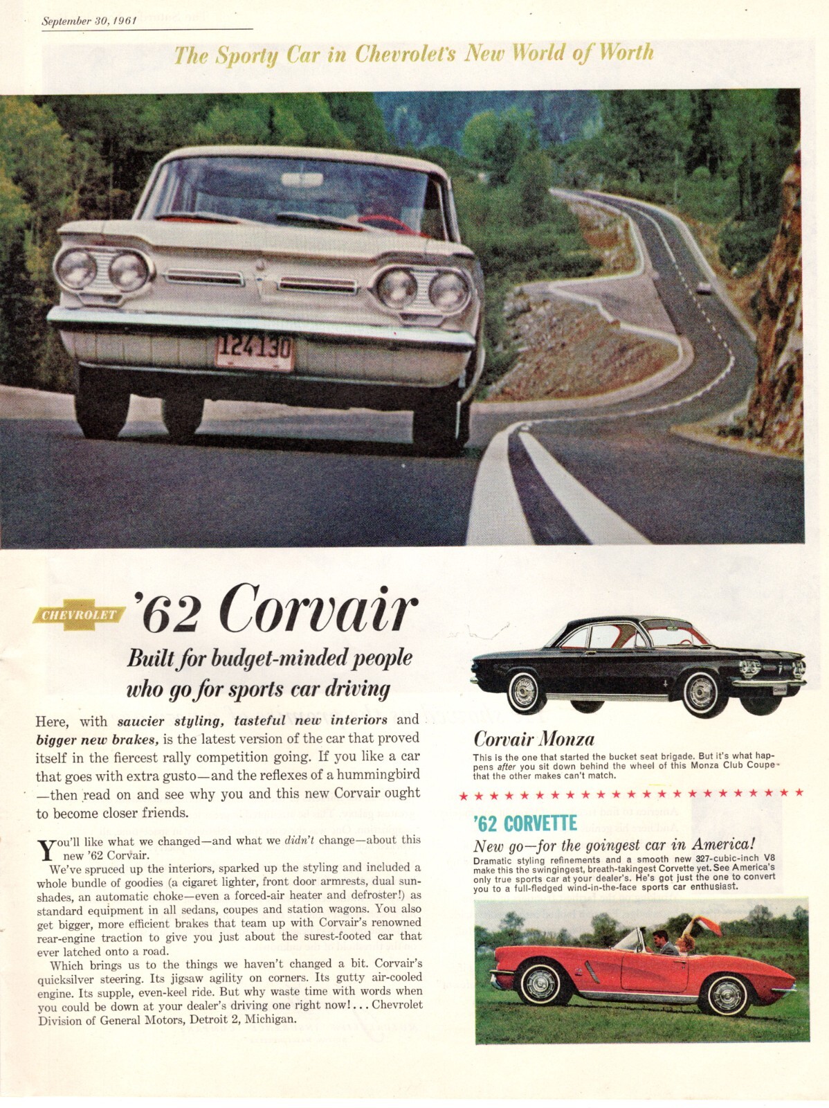 1962 Classic Car '62 CORVAIR , Chevy's Rear Engined Compact Car Monza ...
