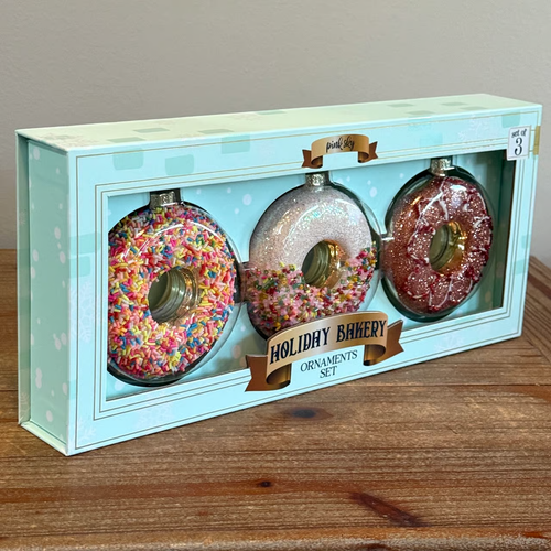 Pink Sky Holiday Christmas Bakery Set of 3 Glass Donut Ornaments NEW IN ...