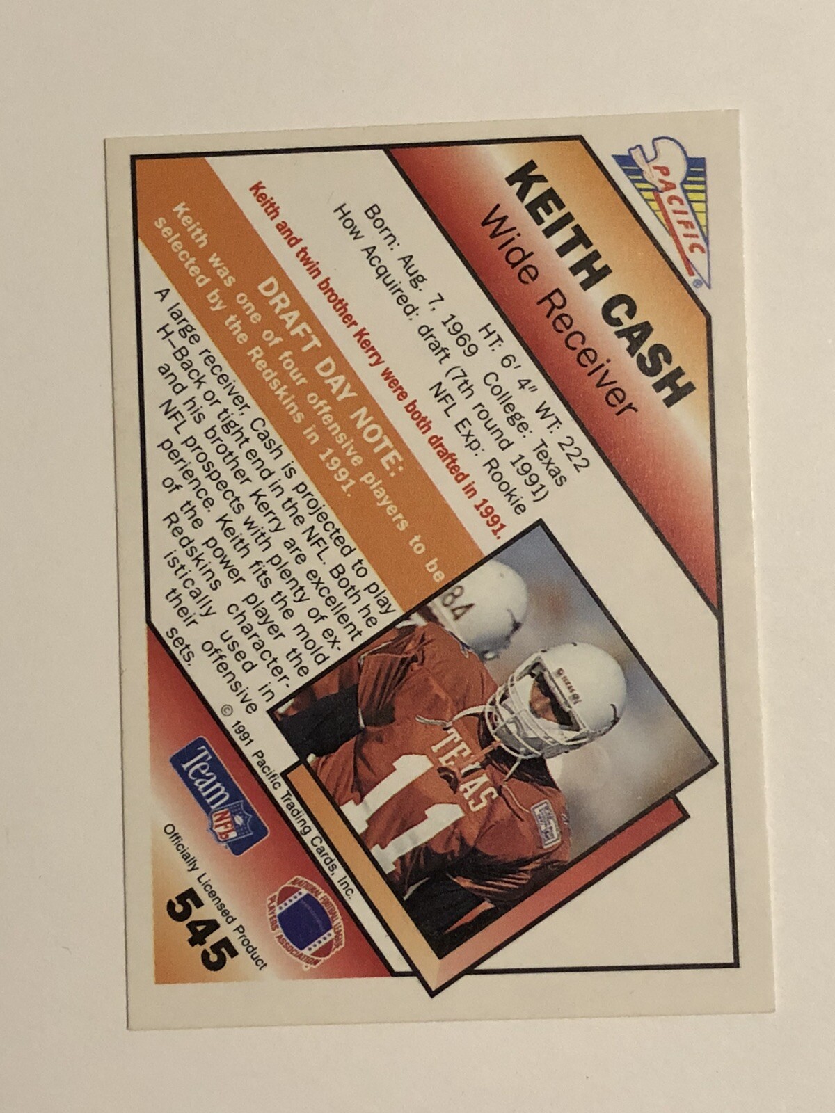 NFL - 1991 Pacific - Keith Cash #545 - Rookie Card - Redskins - Near ...