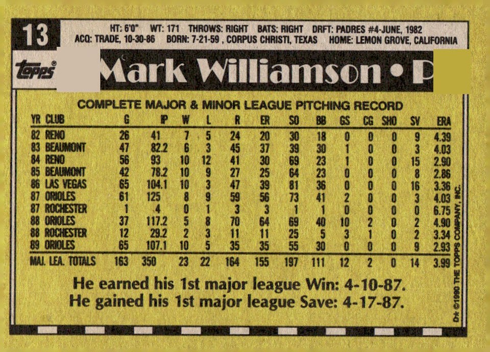 1990 Topps #13 Mark Williamson - Baltimore Orioles | eBay