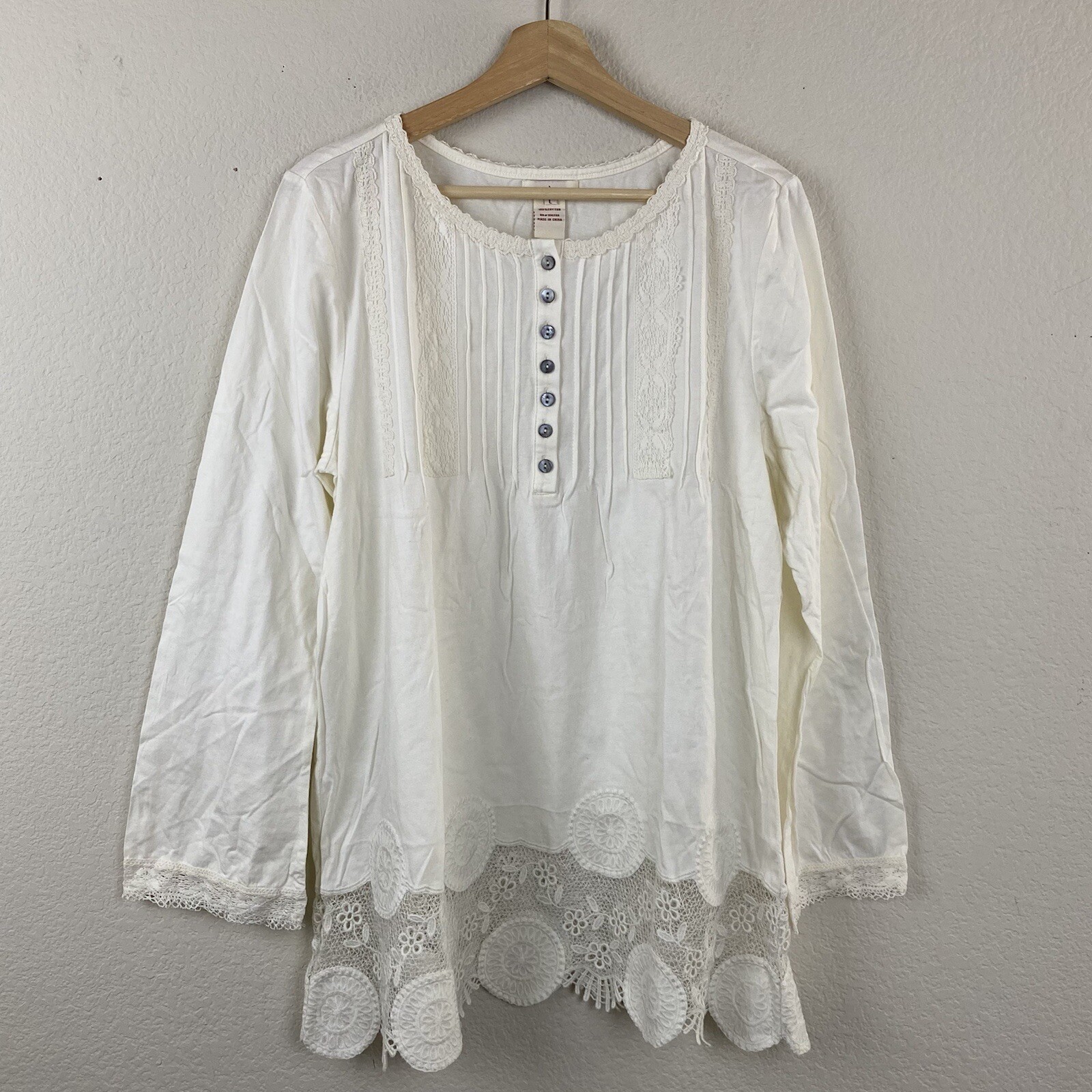 SUNDANCE Ivory Crochet Henley Top LARGE Long Sleeve Peasant Lace Shirt ...