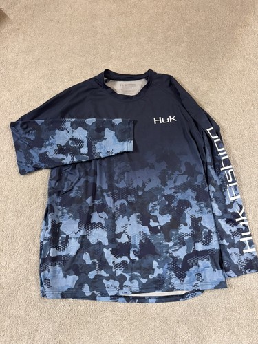 Huk Refraction Fish Fade Shirt Blue Mens Large Long Sleeve Performance ...