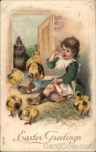Easter Chicks Easter Greetings-Young Girl feeding Chicks Newman Post ...