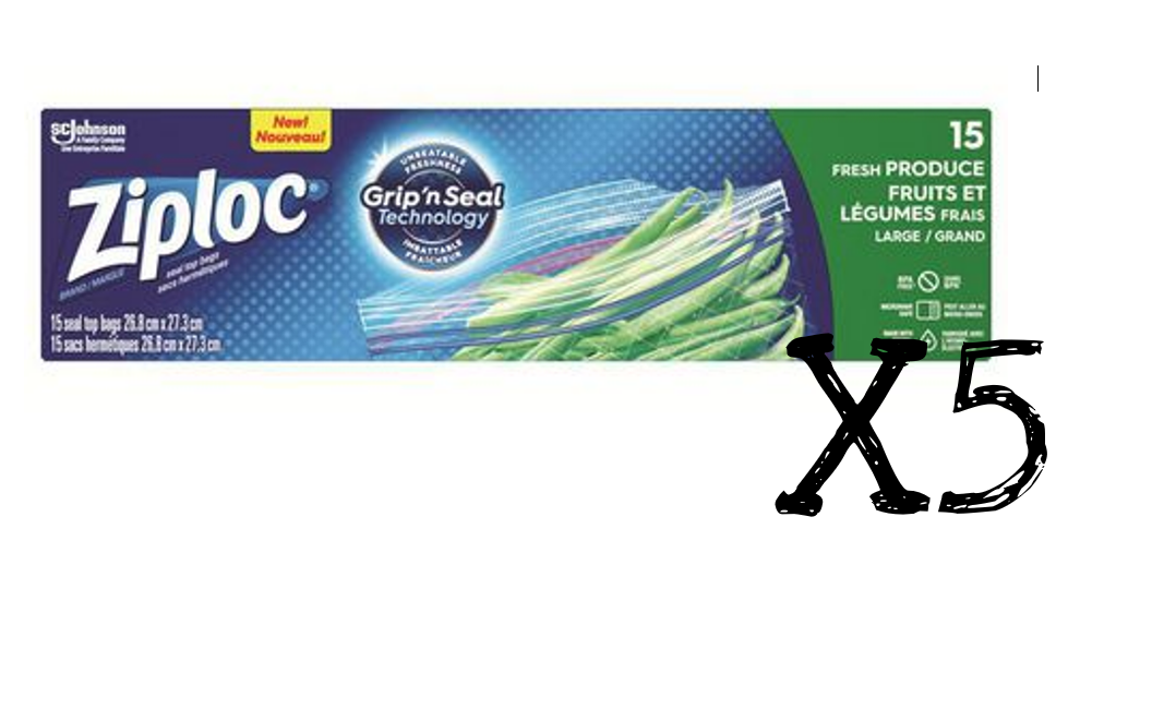 5 PACK LOT Large Ziploc Double Zipper Produce Bags -15 PER BOX, 75 BAGS ...