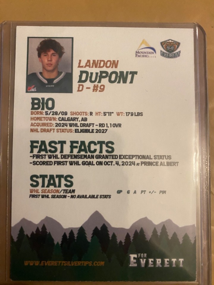 Landon Dupont autographed rookie card from Everett Silvertips 2024-25 ...