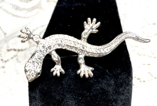 VINTAGE SIGNED ROMAN SILVER TONE WITH CLEAR BRIGHT RHINESTONES LIZARD ...