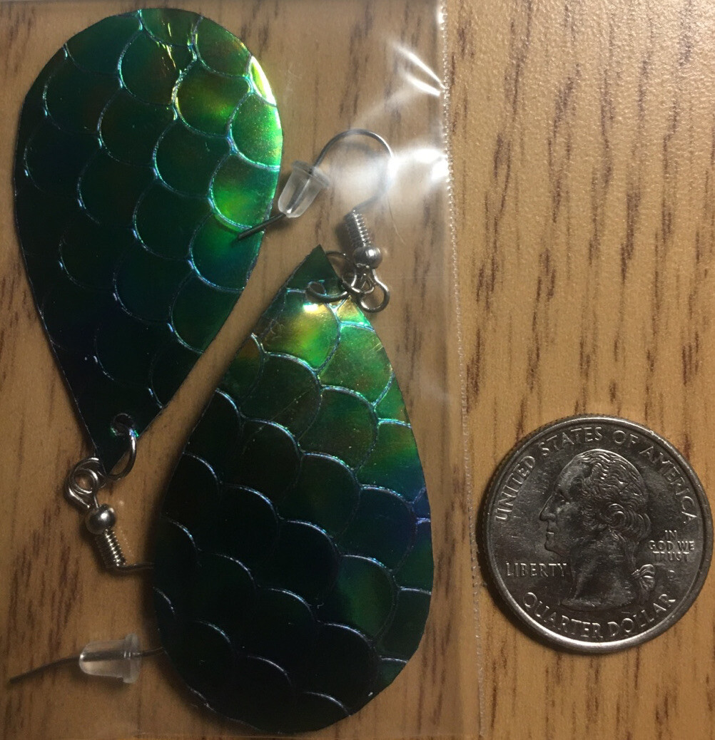 Handmade, Green Sea Mermaid, Teardrop, Faux Leather Earrings. Single ...