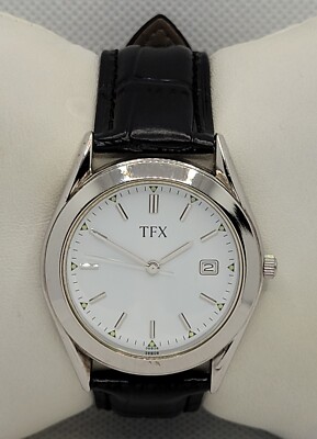 Mens TFX by Bulova Silver Tone Black Leather Band White Dial Date Watch ...