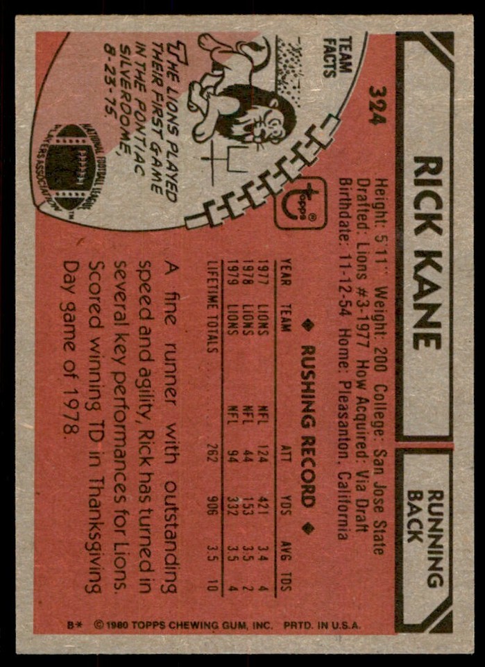 1980 TOPPS NFL RICK KANE DETROIT LIONS #324 | eBay