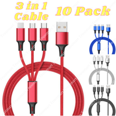 10X Bulk 3A Fast Chargr Cable 3 in 1 Charger Cord Lot For iPhone USB-C ...