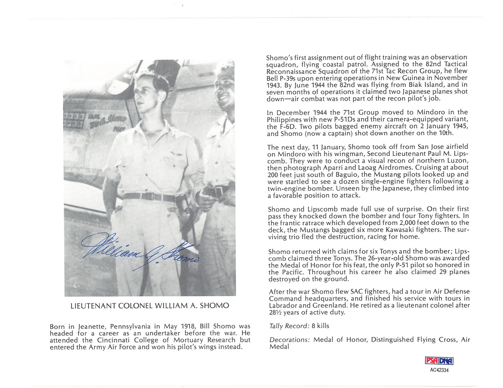 WILLIAM SHOMO SIGNED 8X10 (D) PSA DNA AC42334 WWII ACE 8V | eBay