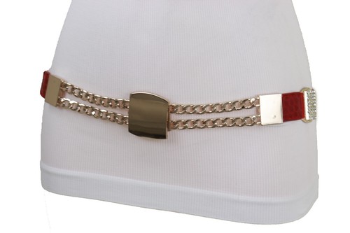 Women Red Elastic Waistband Going Out Party Belt Gold Metal Square ...